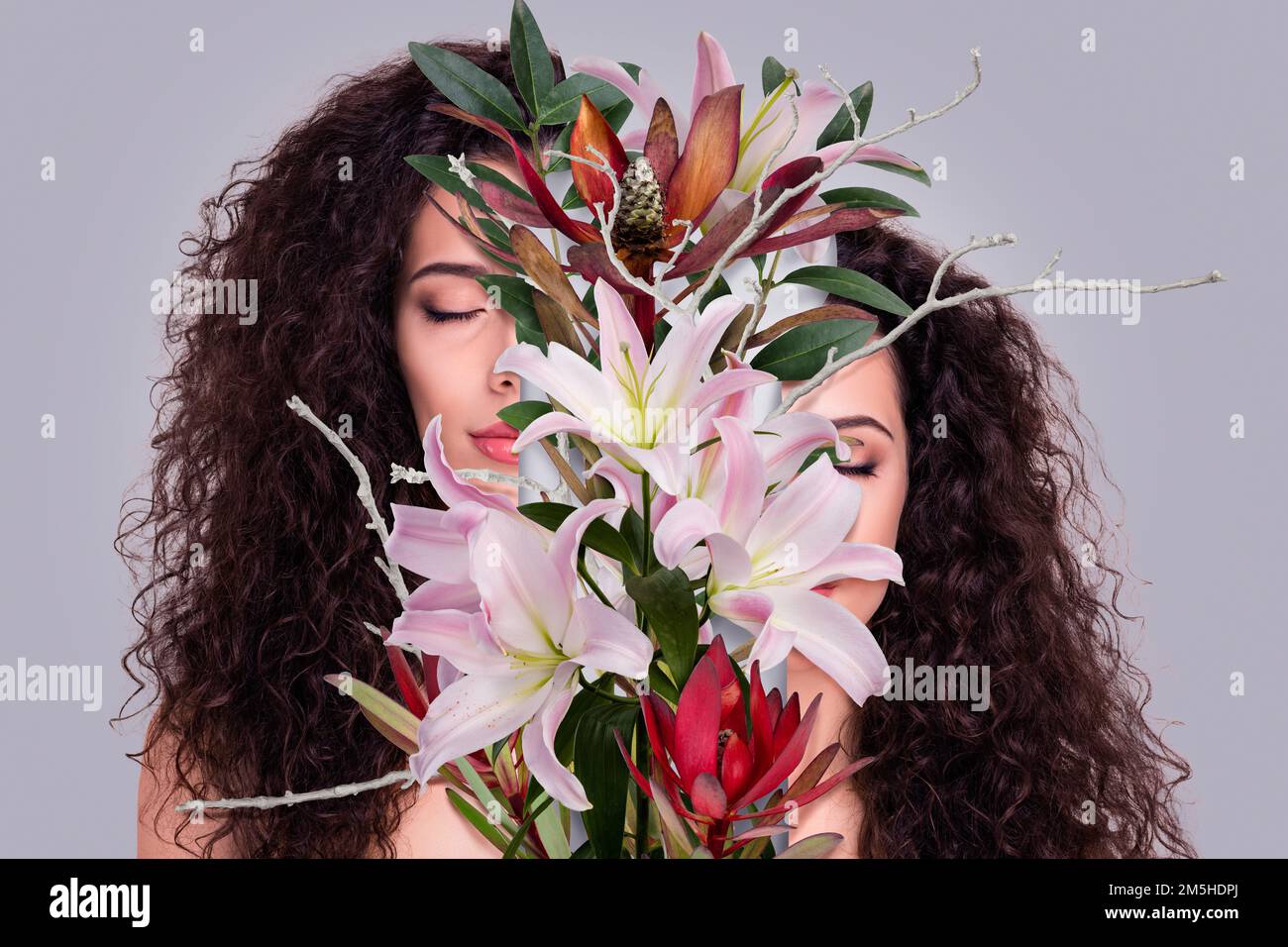 Creative graphics collage of mystical gorgeous lady with bunch flowers ...