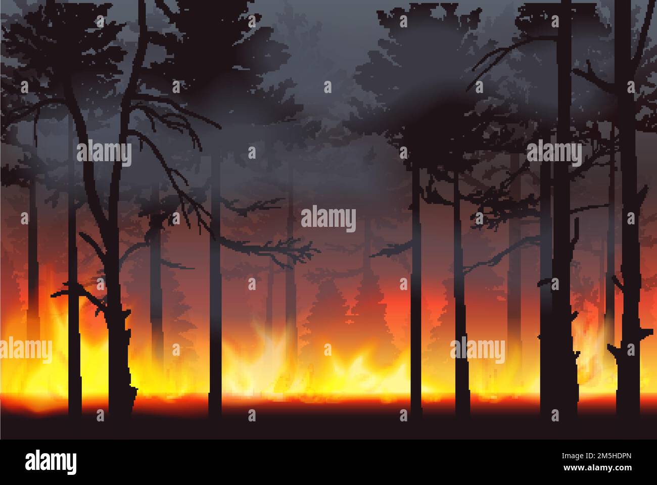Realistic silhouette wildfire forest fire disaster landscape vector ...