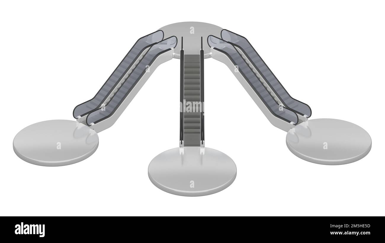 four round podiums with escalators at different levels isolated on ...
