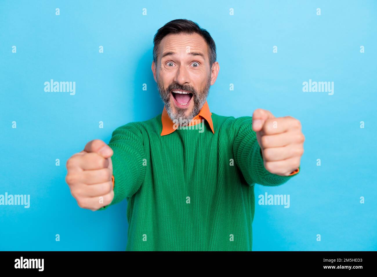 Photo portrait of mature nice mister play simulator invisible steering ...