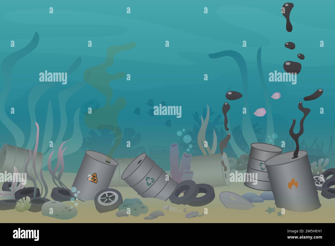 Plastic, tires and poisonous barrel pollution illustration trash under ...