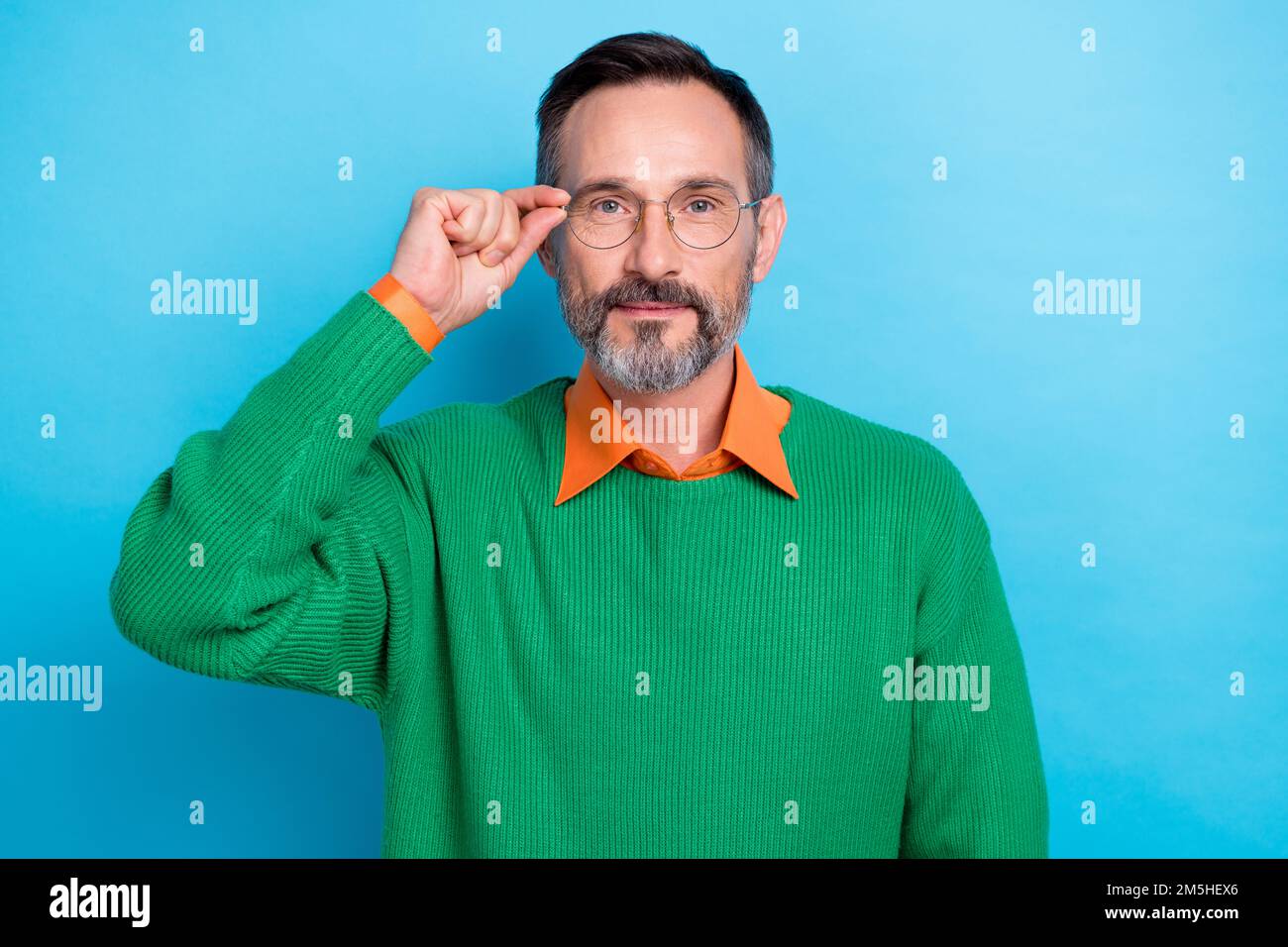 Photo portrait of mature attractive male touch eyewear smart teacher ...