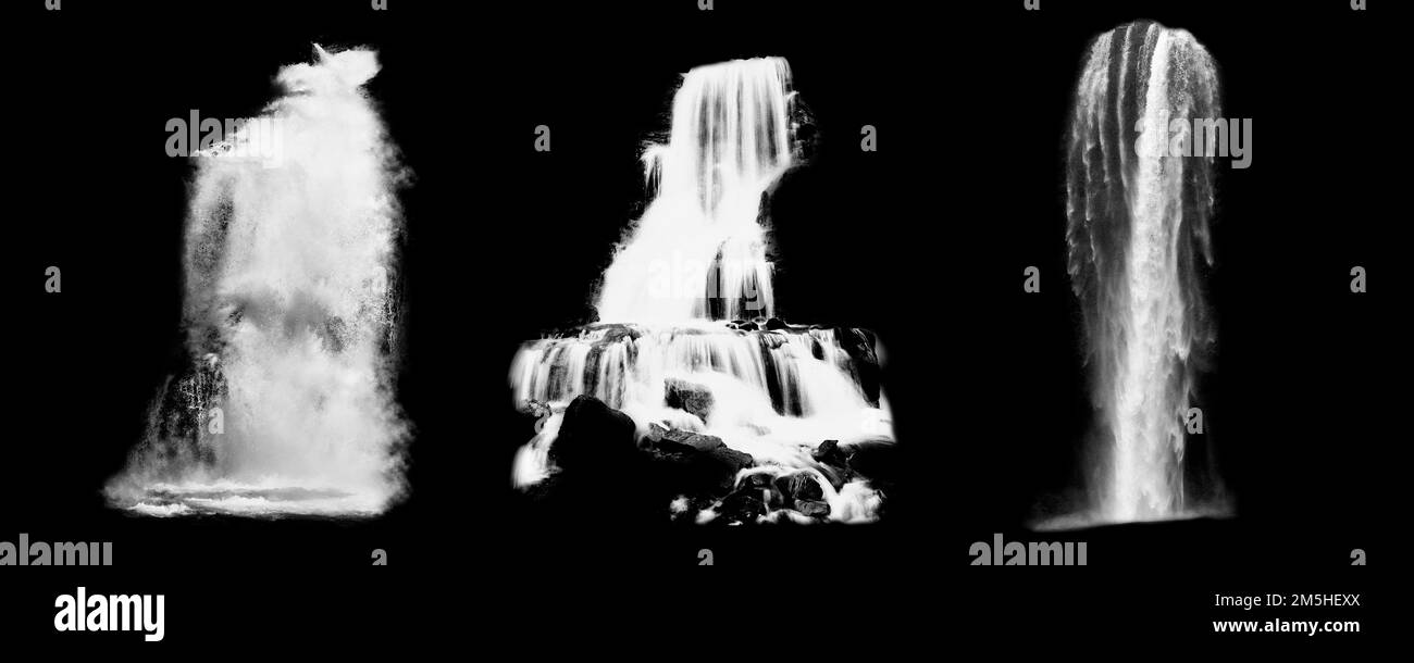 Set of waterfalls isolated on black background. Black and white ...