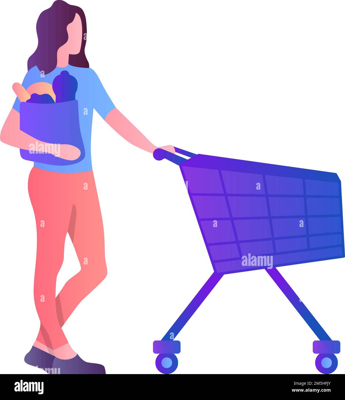 Woman with groceries pushing shopping cart vector. Supermarket icon ...