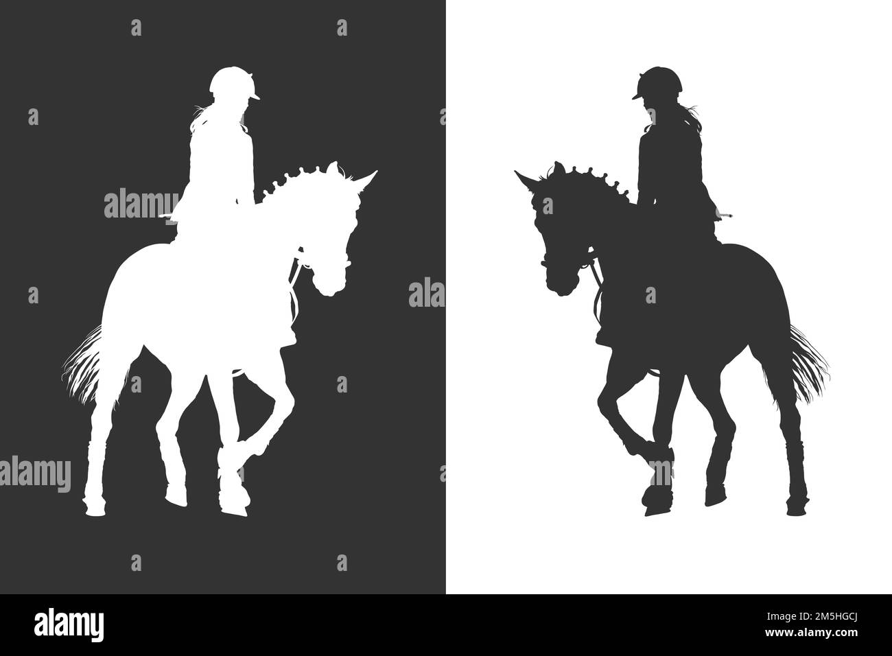Dressage. Black and white silhouette vector images rider on horse Stock ...