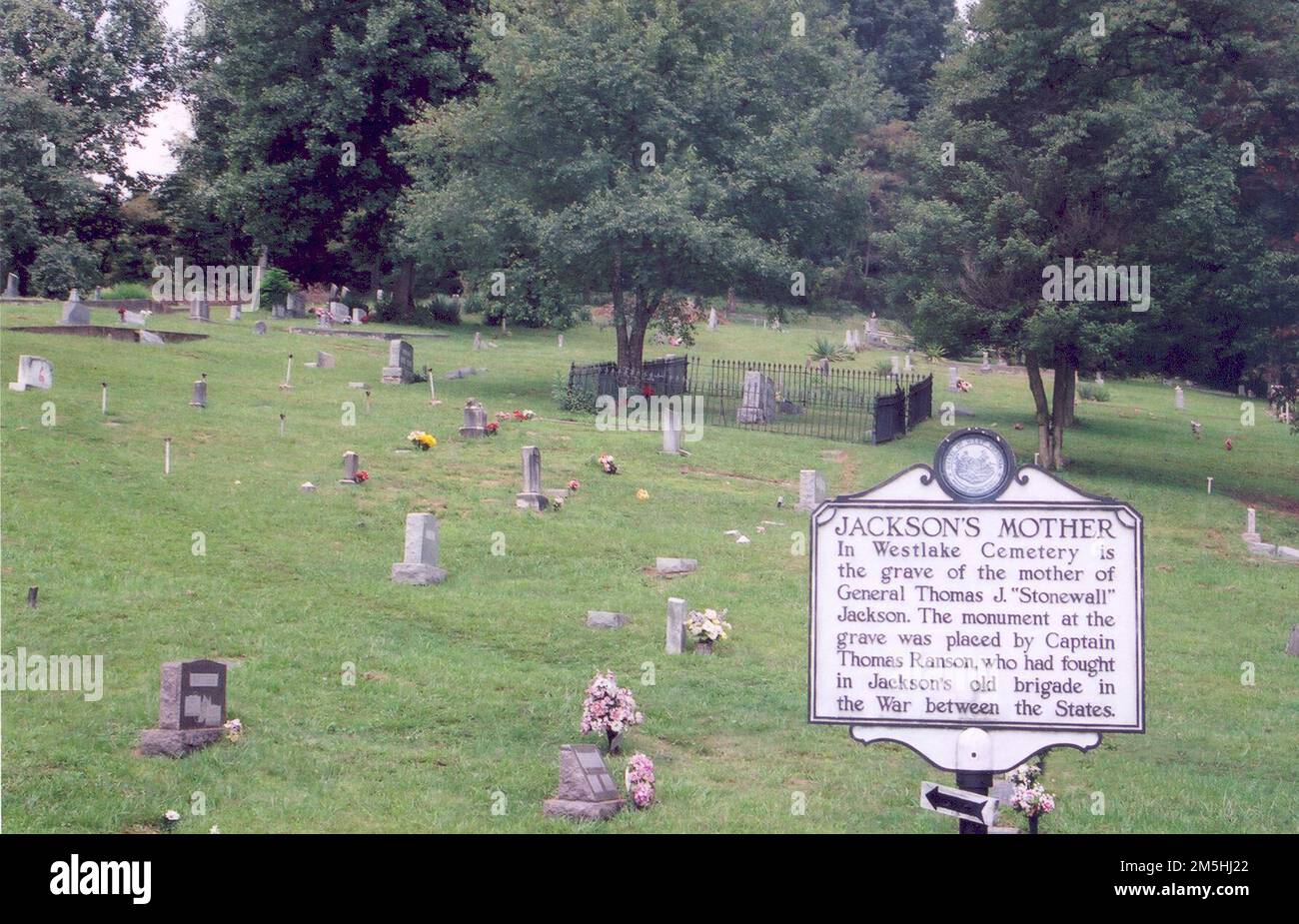 Midland Trail - Westlake Cemetery. A sign indicates that the grave of ...