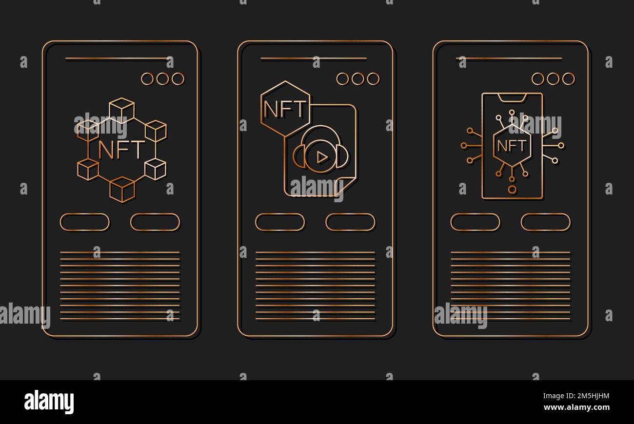 NFT vector icon card. Non-fungible token. Gold on black background. vector eps 10 Stock Vector ...