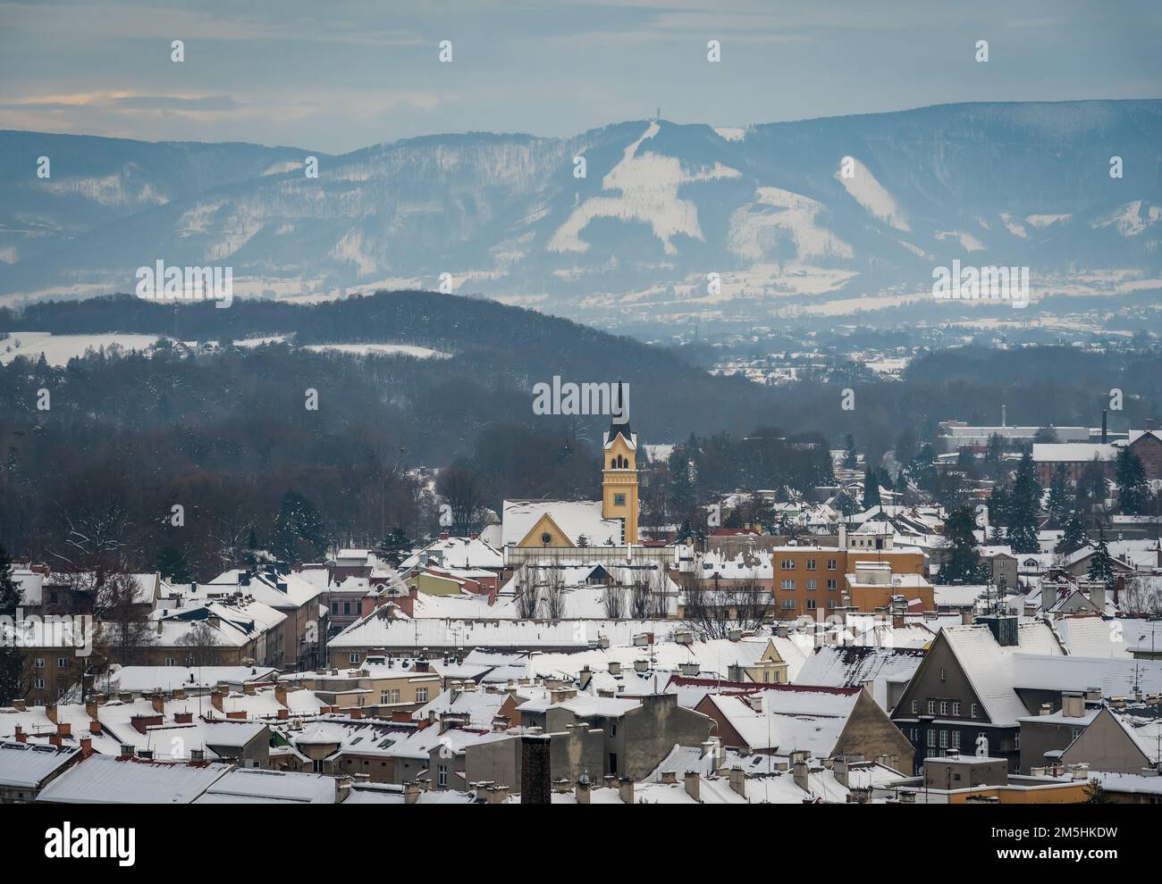 Cesky Tesin in the wintertime seen from Piast tower and peak of ...