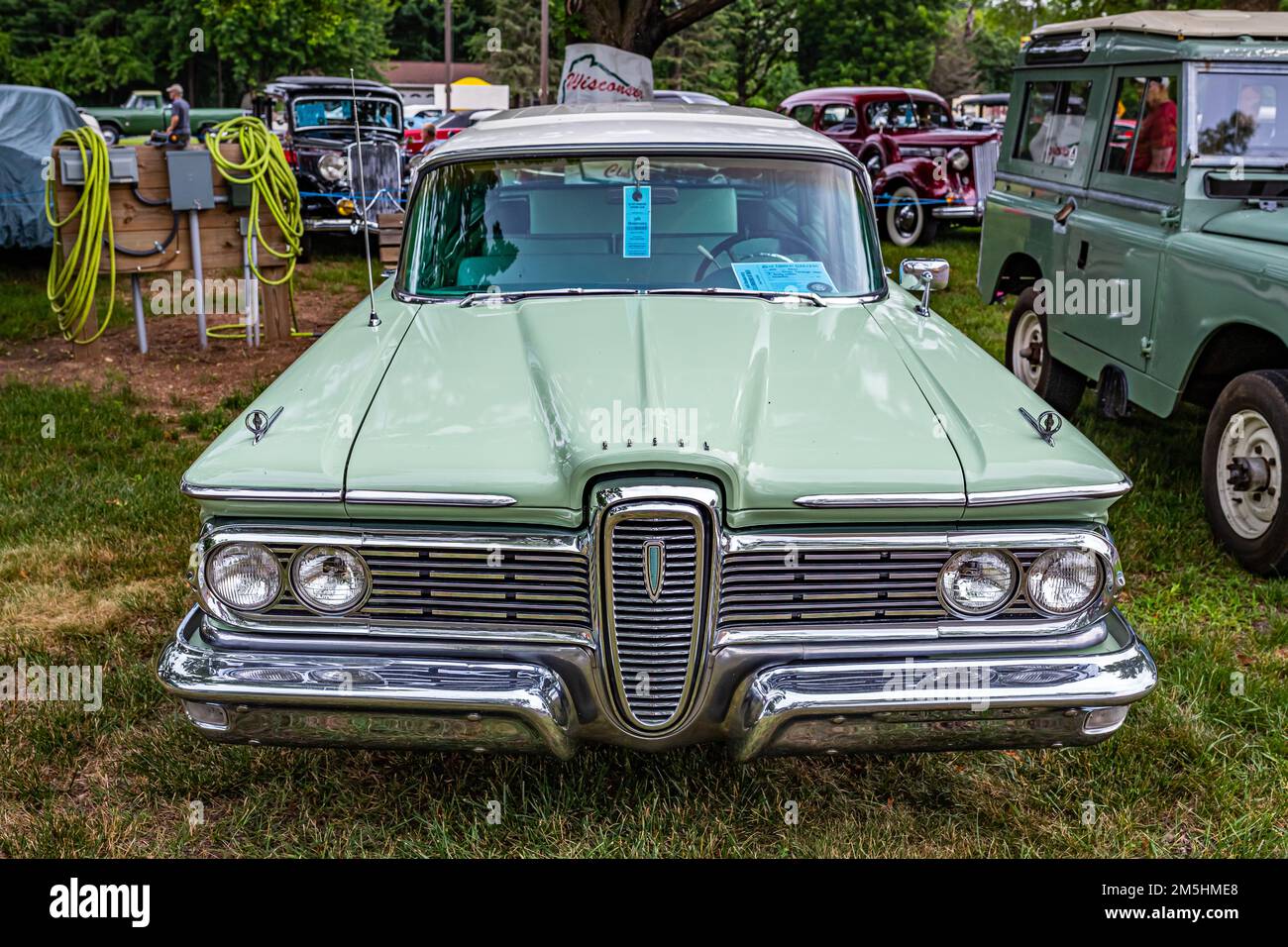 Iola, WI - July 07, 2022: High perspective front view of a 1959 Edsel ...