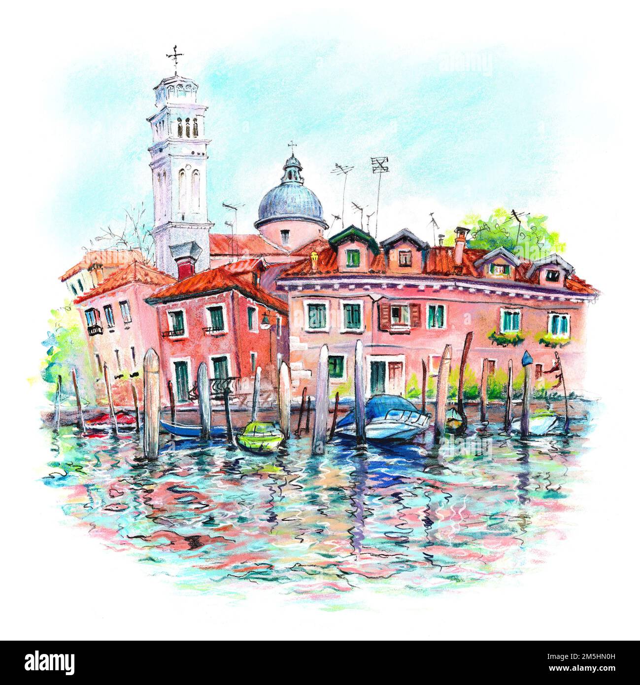 Watercolor sketch of canal, bright houses and Basilica of St Peter of ...