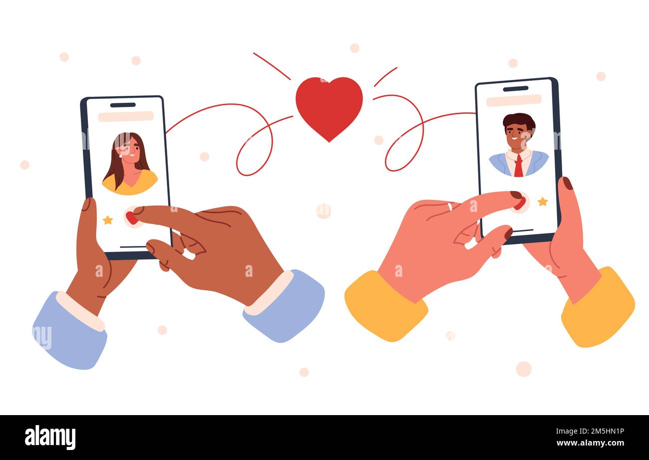 Couple in love holding phones in hand. Dating application with man and ...