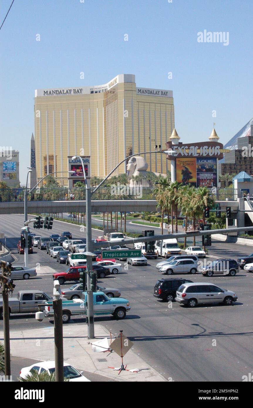 Las Vegas Strip - Mandalay Bay from MGM Grand Walkway. The gold and ...