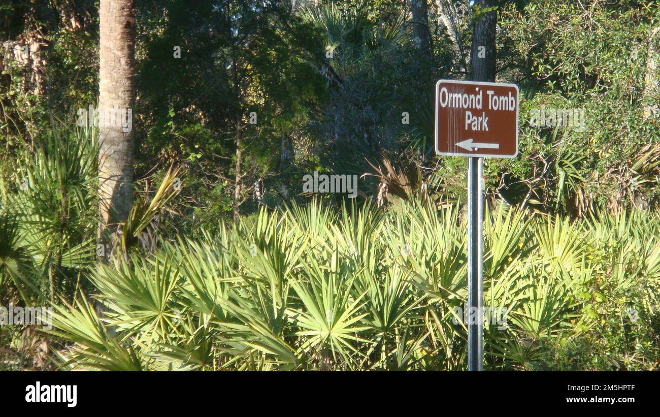 Ormond Scenic Loop & Trail - Ormond Tomb Park Sign. Against the trees ...