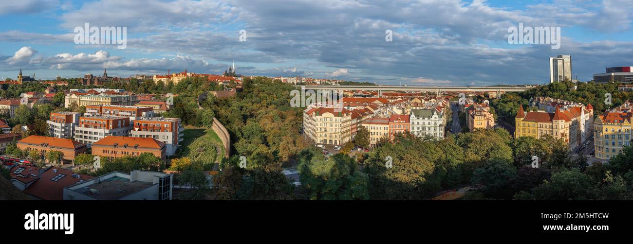 Panoramic aerial view of Prague with Nusle Bridge - Prague, Czech ...