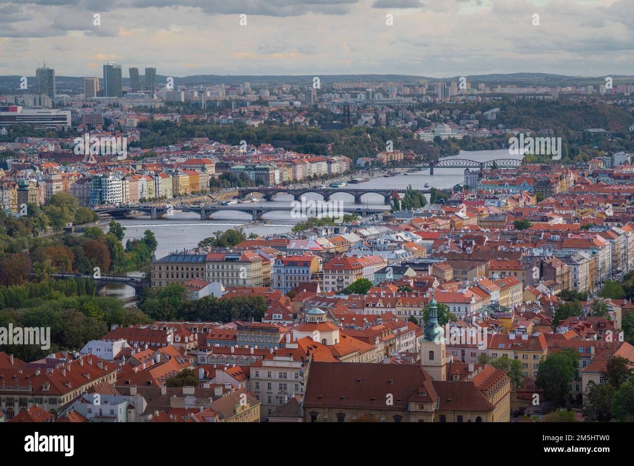 Aerial view of Vltava River and Prague Bridges - Prague, Czech Republic ...