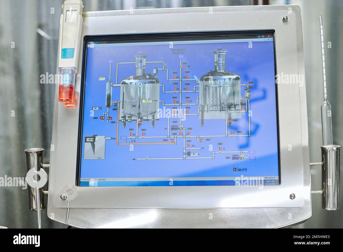 Close-up of computer monitor with tanks and tubes on the screen for ...