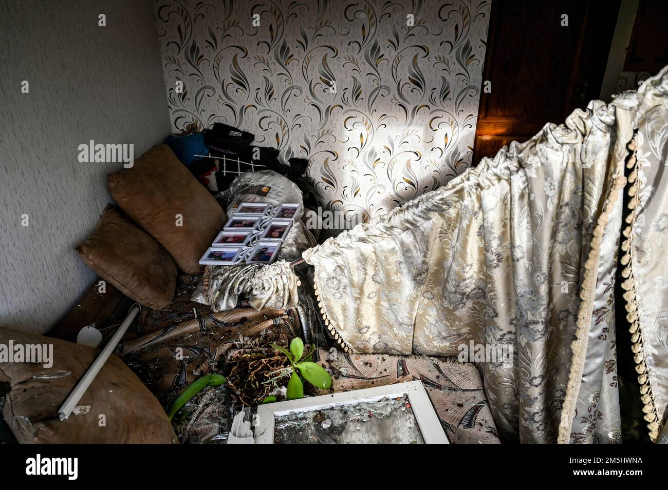 The furniture is broken in a house destroyed in a Russian S-300 missile ...