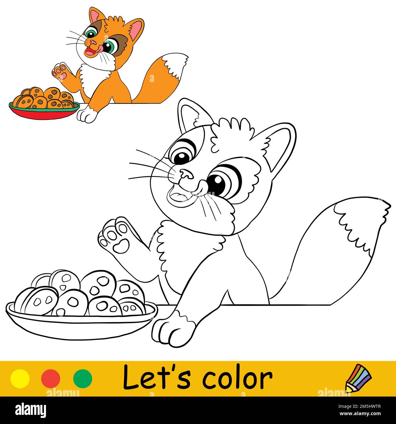 Cute cartoon kitten with a plate of cookies. Coloring book page with ...