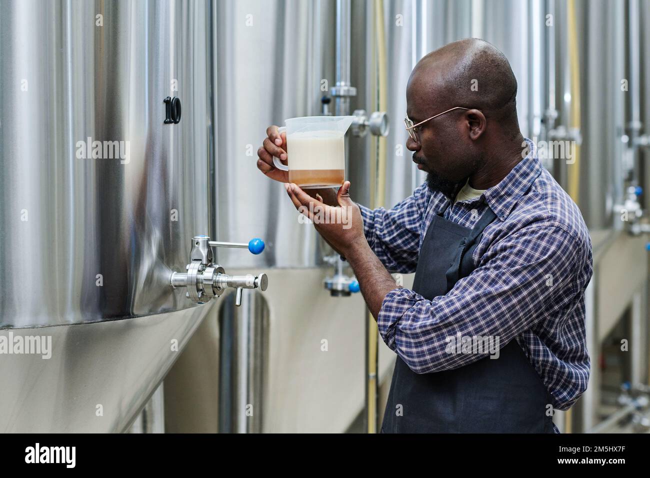 African American worker examining the sediment in jug of beer after ...