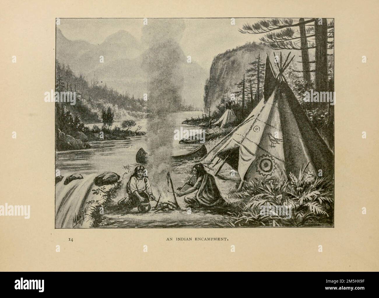 An Indian encampment illustrated by Ella Booher, From the book Hiawatha ...