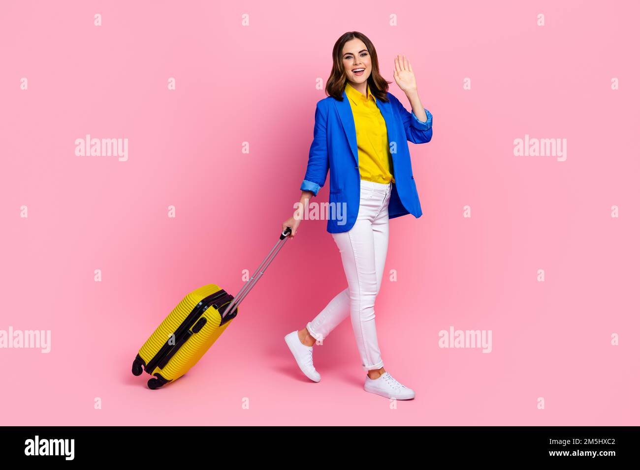Full size profile portrait of excited positive girl walking carry ...