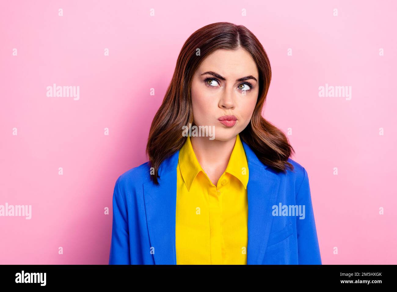 Photo of young attractive funny grimace minded pouted lips thinking ...