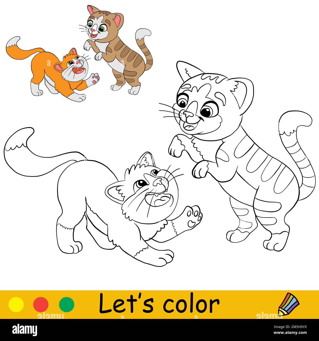 Two cute playful cats. Coloring book page with color template for ...