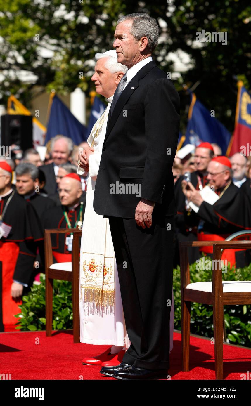 United States President George W. Bush and Pope Benedict XVI listen to ...