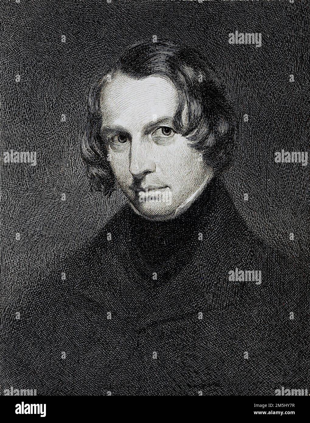 Monochrome woodcutting portrait of the young Henry Wadsworth Longfellow ...