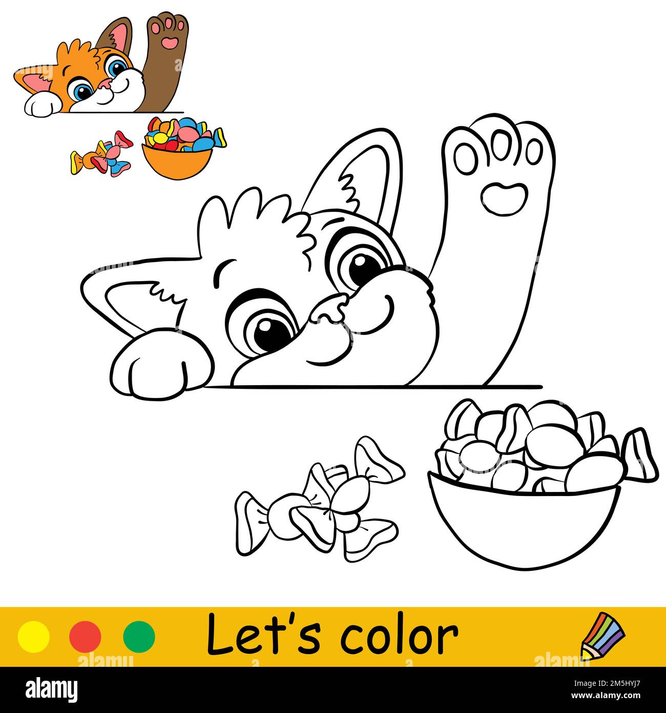 Cute cartoon kitten with a plate of candies. Coloring book page with ...