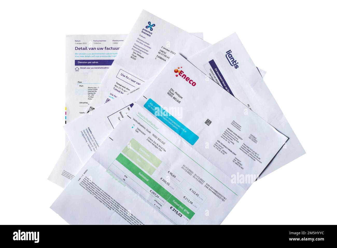 Invoices from Eneco, natural gas and electricity supplier, Proximus ...