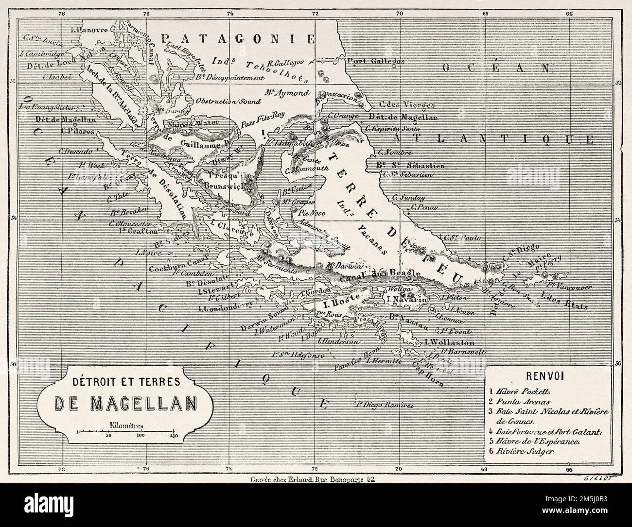 Old Map of the Magellan Strait, Patagonia. Chile, South America. Diary ...