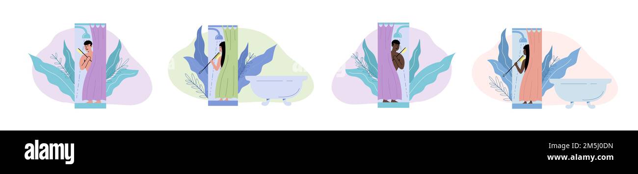 People washing in shower. Man and women taking bath illustrations set ...