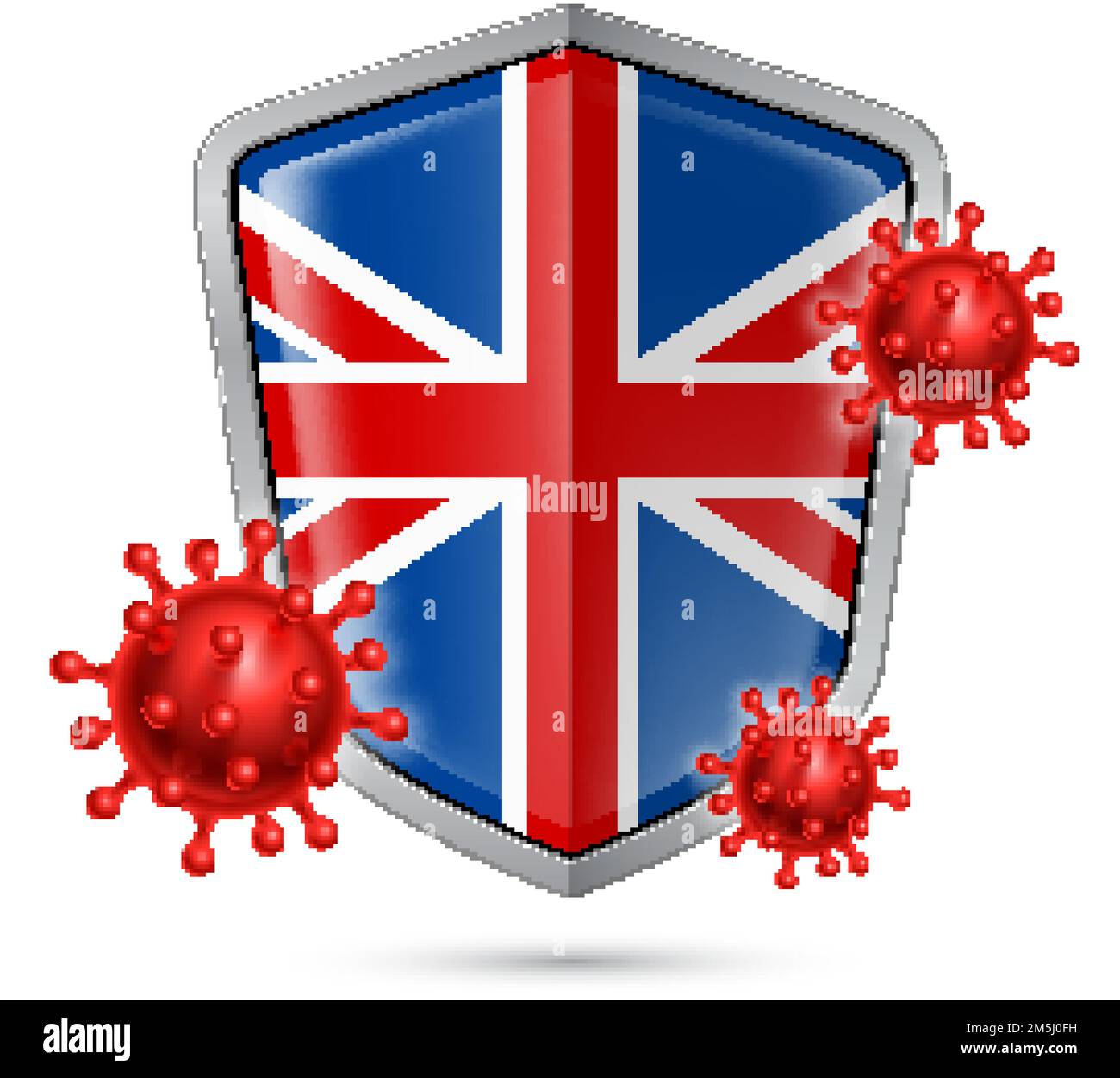 Flag of Great Britain on Metal Shiny Shield Icon and Red Corona Virus ...