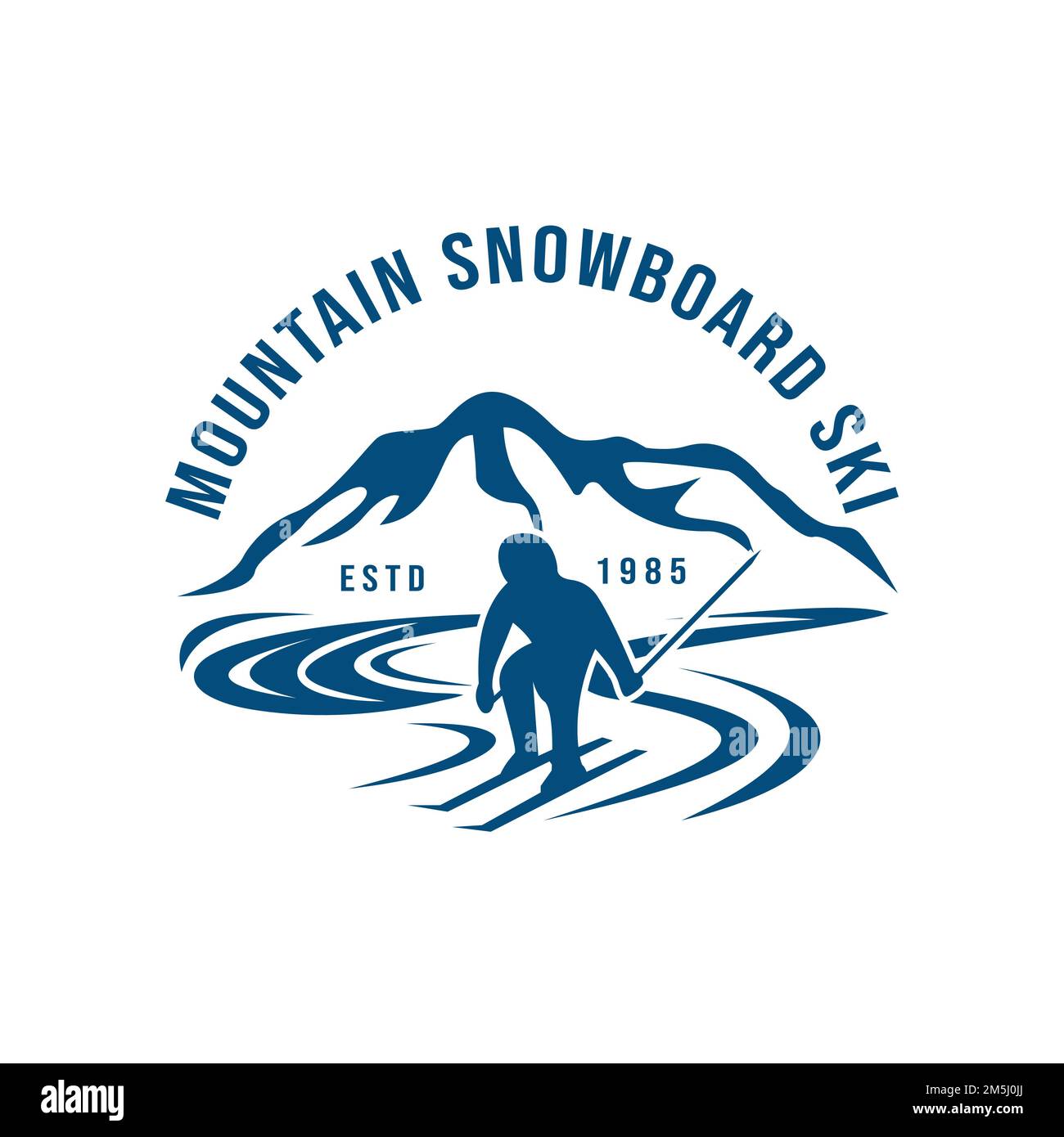 Ski club with skiers skiing downhill in high mountains. Retro badge ...