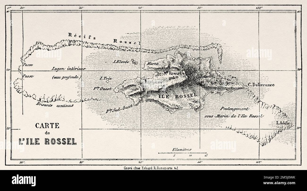 Old map of Rossel Island, Papua New Guinea. Shipwreck and scenes of ...