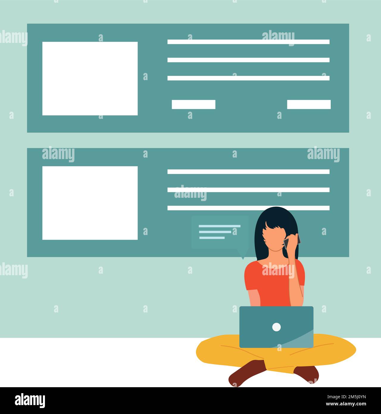 The girl is sitting in the information field. Phone and laptop, work ...