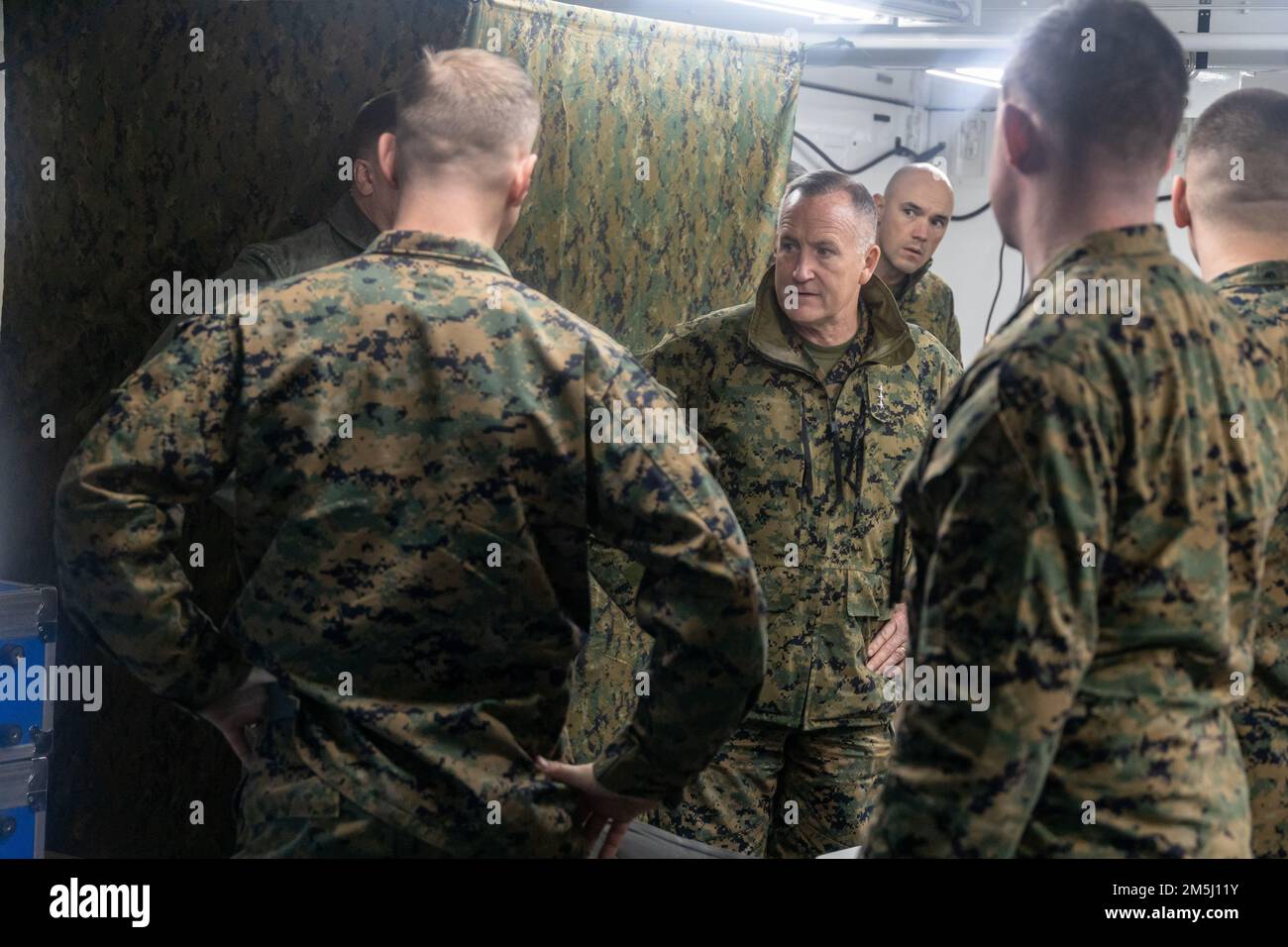 U.S. Marine Corps Lt. Gen. William Jurney speaks with Marines assigned to an air traffic control ...