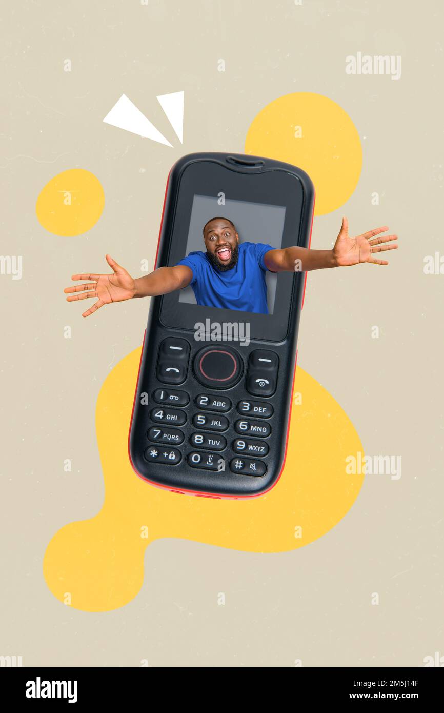 Photo collage artwork minimal picture of excited guy open arms inside ...