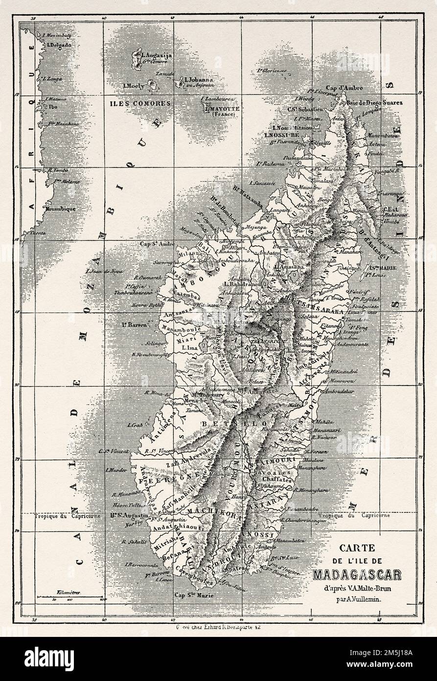 Old map of Madagascar Island. The travels of Ida Pfeiffer 1857 Stock ...