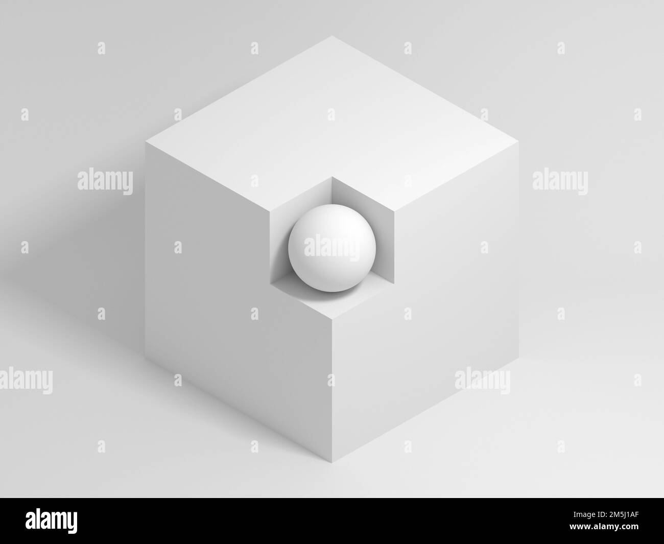 Abstract White Geometric Installation With A Sphere Placed In Missed Corner Of A Cube Isometric