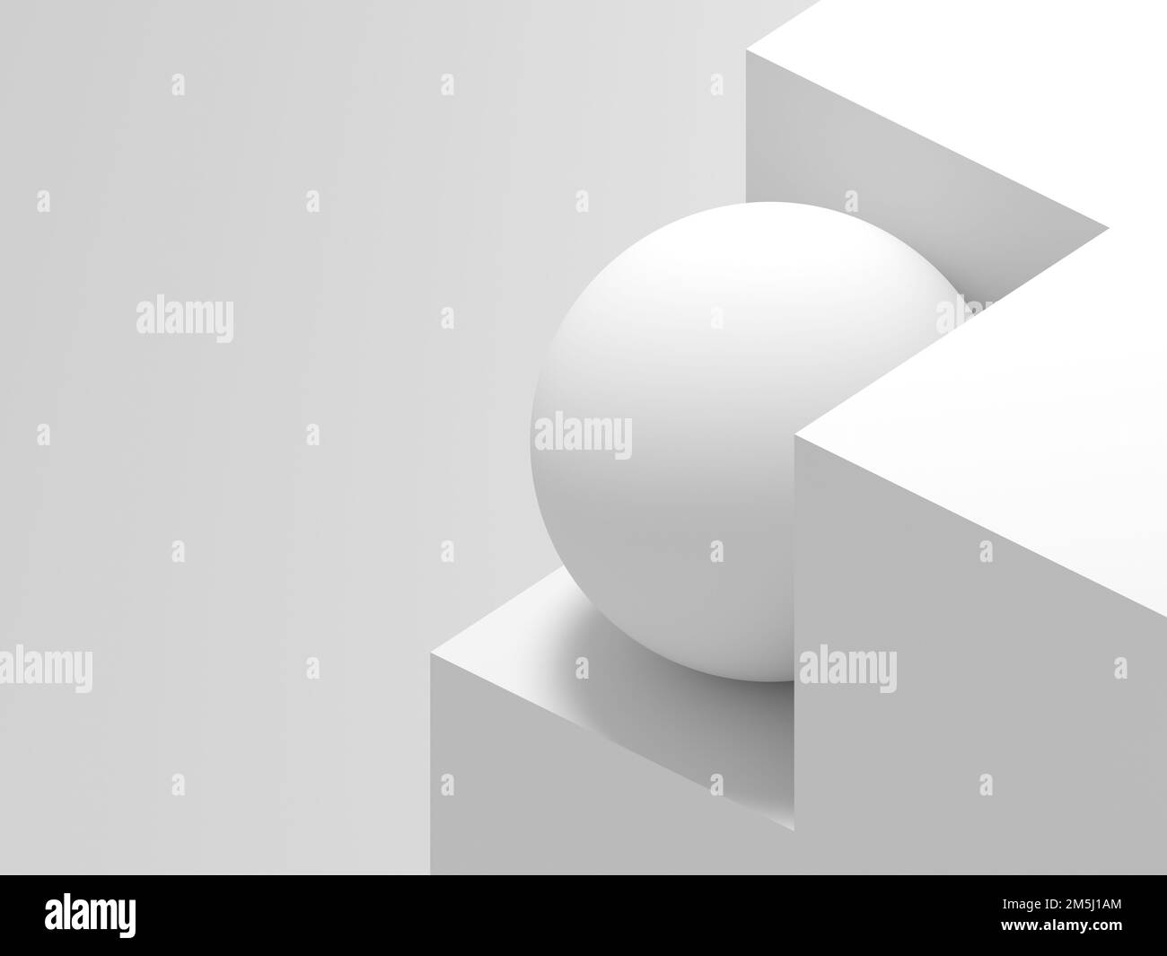 Abstract white geometric installation, sphere is in missed cube corner ...