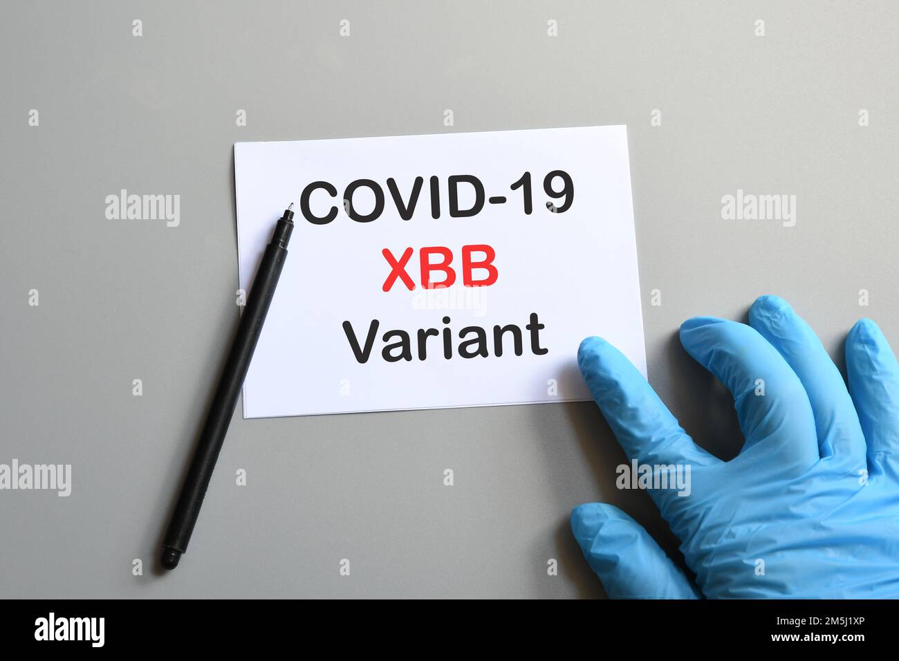 Covid-19 new variants of Omicron. Doctor's hand in blue glove and writing "COVID-19 XBB Variant ...