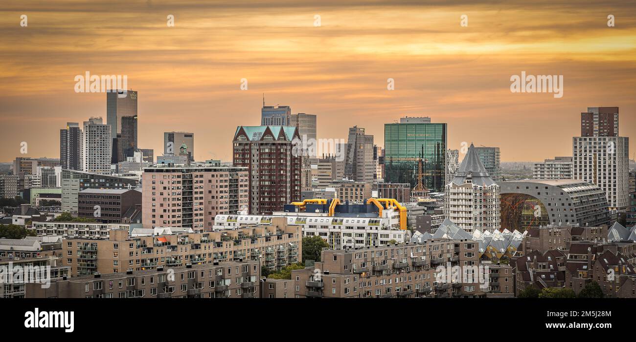 The skyline of Rotterdam cityscape, Netherlands at sunset showing the ...