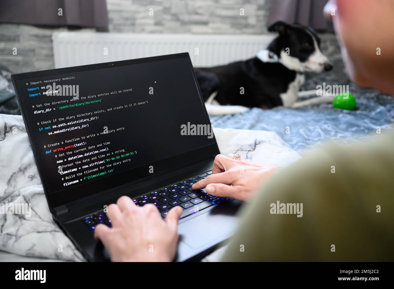 Coding in the house, a woman writing code on a laptop for an app or ...