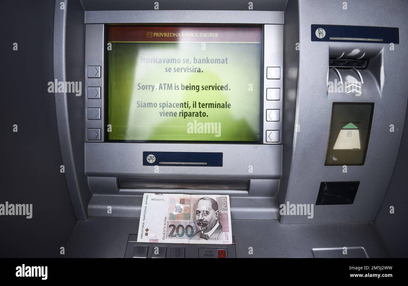 Due to the introduction of the Euro most ATMs are out of service, in Zagreb, Croatia, on ...