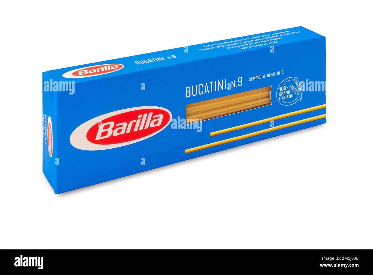 Italy - december 22, 2022: Barilla pasta bucatini box packaging, big ...