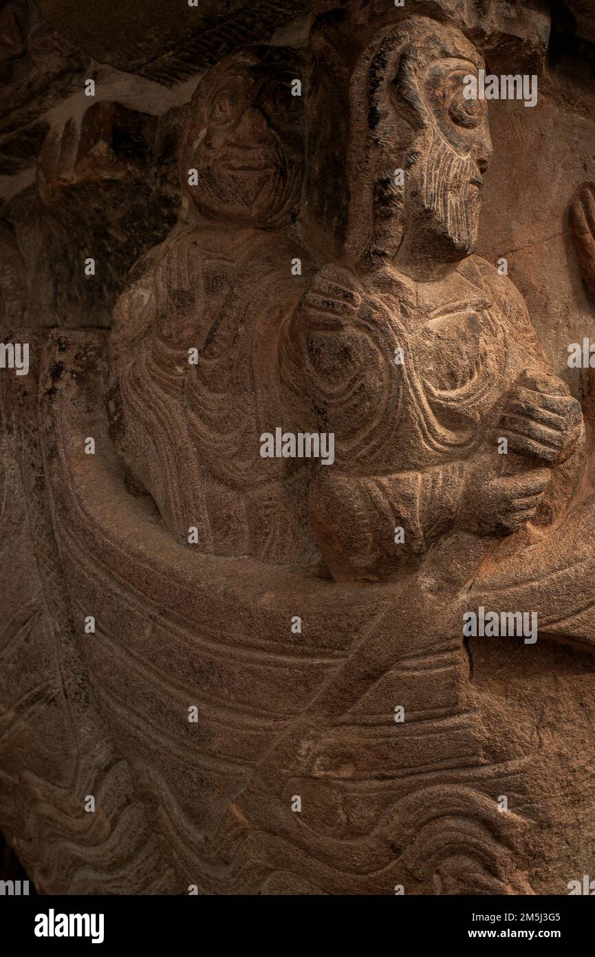 Jesus’s disciples on a boat in the Sea of Galilee. Detail of Romanesque ...