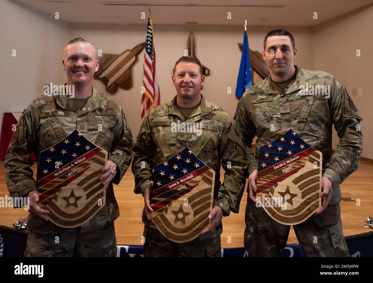 From left, U.S. Air Force Master Sgts. Nicholaus Wilson, 325th Security Forces Squadron first ...