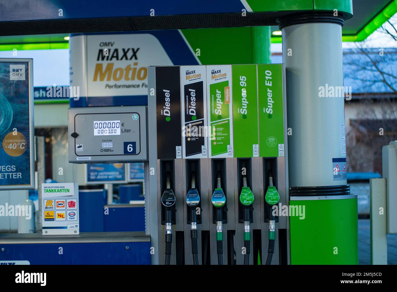 View of fuel pumps in a gas station in Altoetting,Germany on December ...